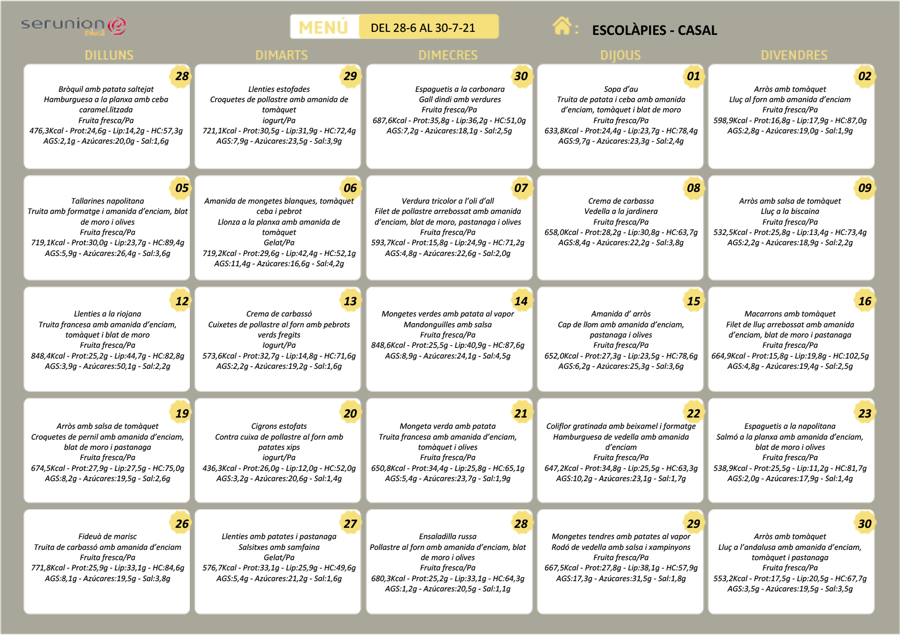 Menú escolar | Colegio Escolapias Lluria